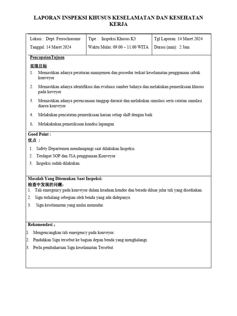 Inspeksi Khusus Conveyor Ferrochorome IRNC | PDF