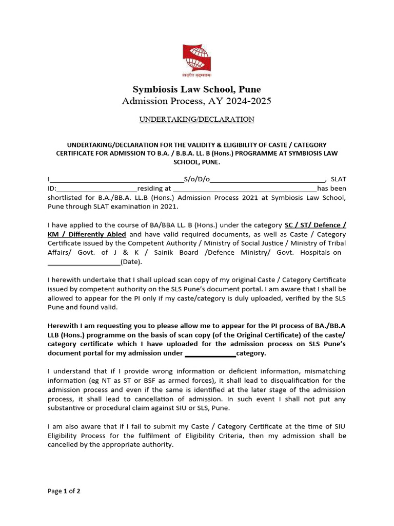 Undertaking For Caste-Catagory Certificate BA BBA | PDF | Justice ...