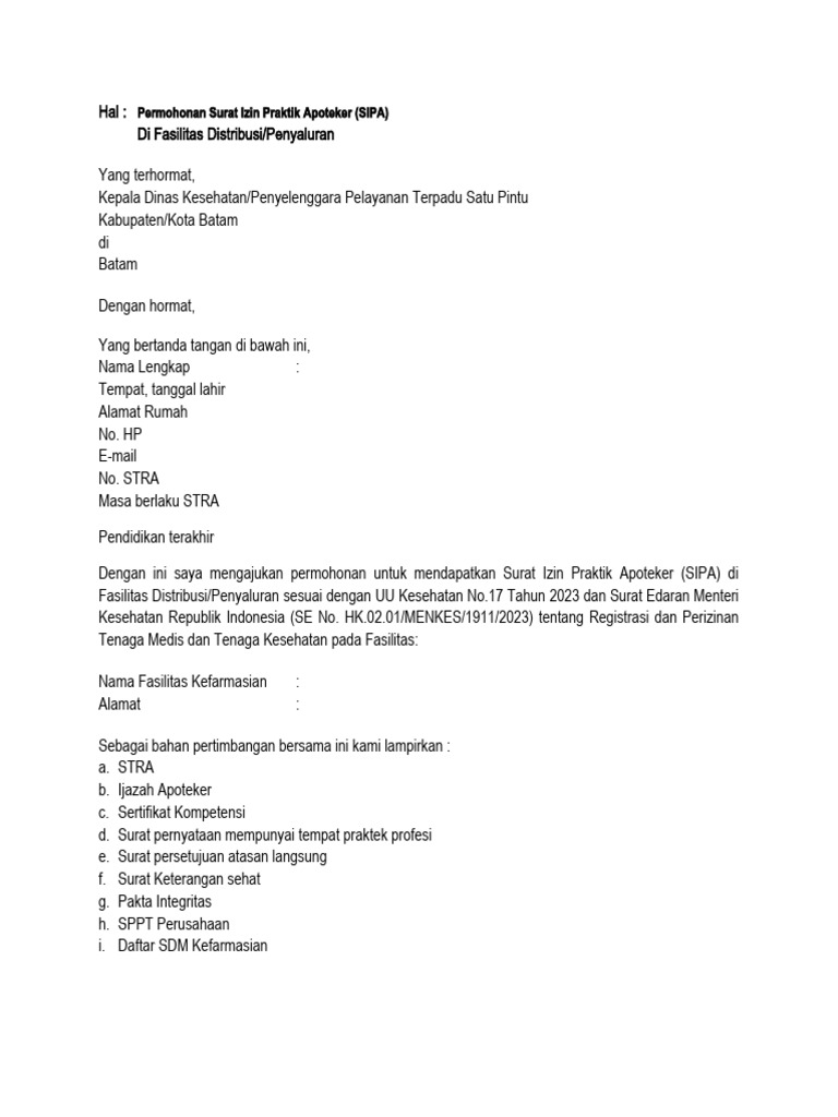 Permohonan SIPA Fasilitas Distribusi Apoteker | PDF | Pengembangan Diri ...
