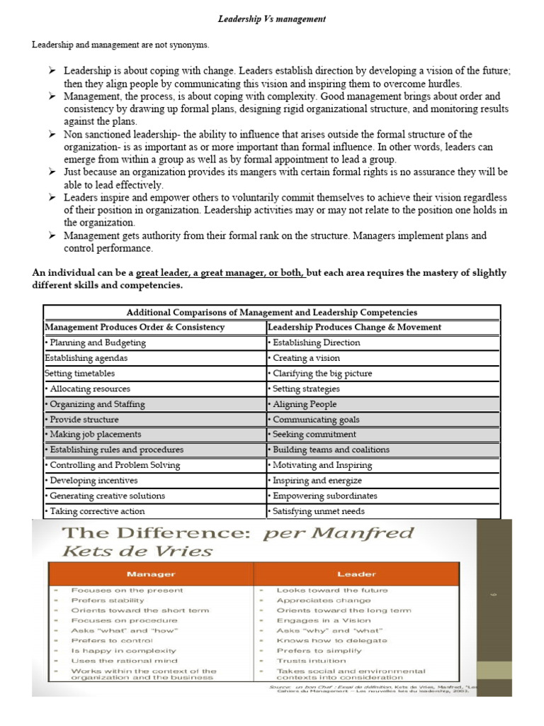 Leadership Vs management | PDF | Leadership | Industrial And ...