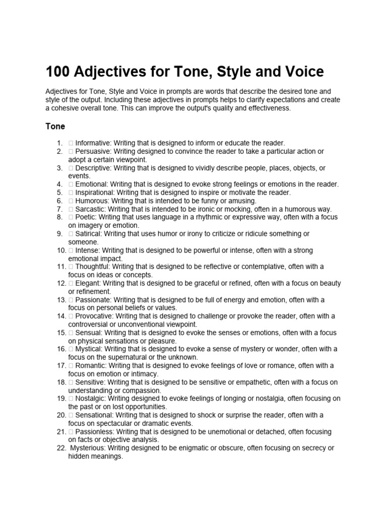 100 Adjectives for Writing Tone & Style | PDF | Memorandum | Artificial ...