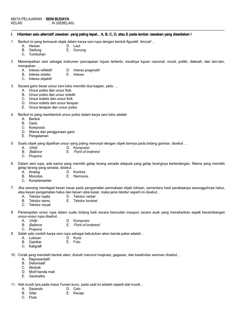 Soal PAS Seni Budaya Kelas XI | PDF
