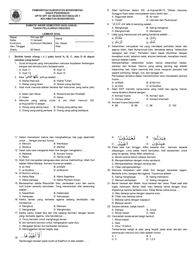 2.soal Sas Ganjil Kelas 4 Pai-Bp Kumer Tp. 2022-2023 | PDF
