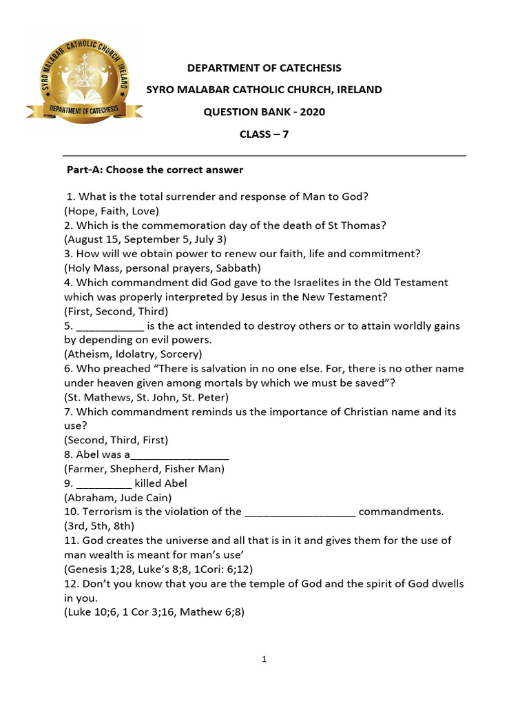 Class 7 Catechism Question Bank | PDF | Ten Commandments | Jesus