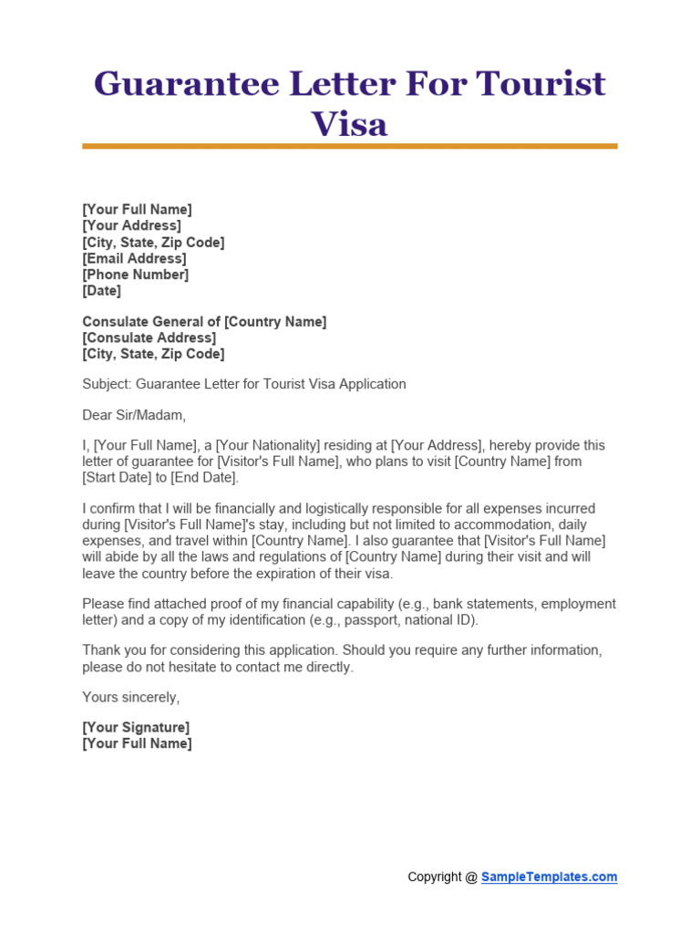Guarantee Letter For Tourist Visa | PDF