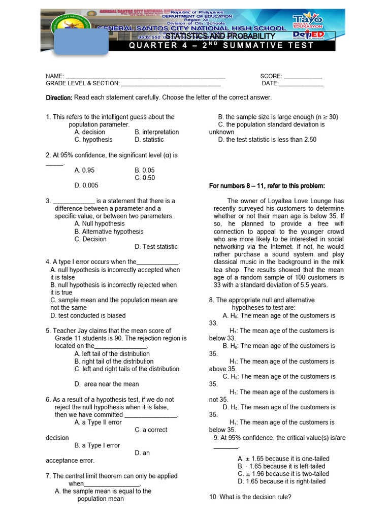 Q4 Stat Prob 2ND Summative Test | PDF | Statistical Hypothesis Testing ...