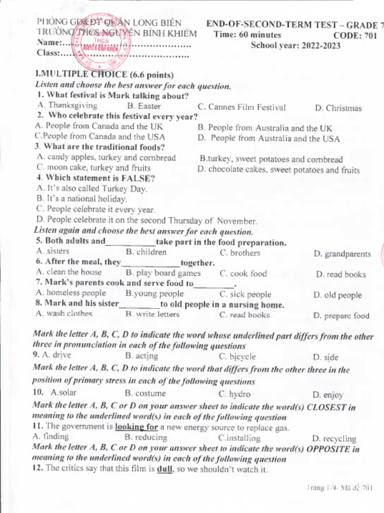 De Thi Tieng Anh HK 2 Lop 7-2022-2023-Nguyen Binh Khiem-Ha Noi | PDF