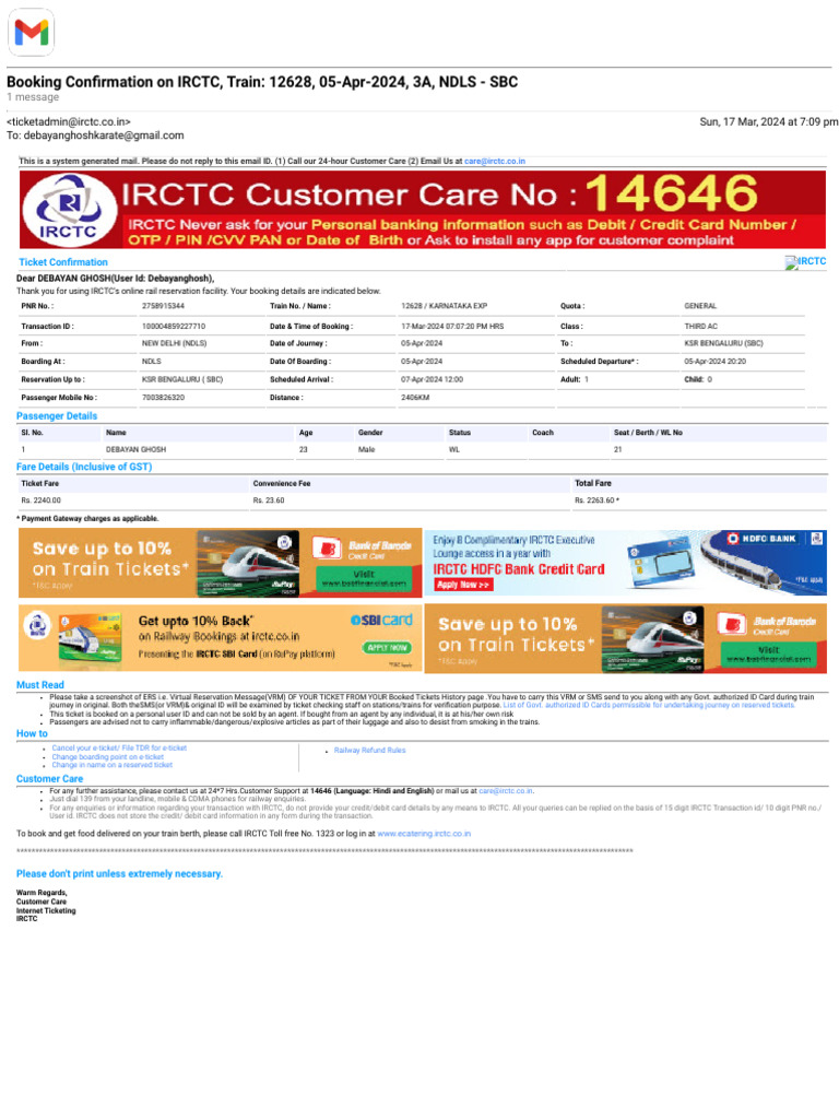 Booking Confirmation On IRCTC, Train: 12628, 05-Apr-2024, 3A, NDLS ...
