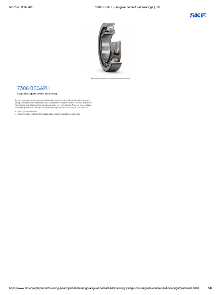 7308 BEGAPH - Angular Contact Ball Bearings - SKF | PDF | Bearing ...