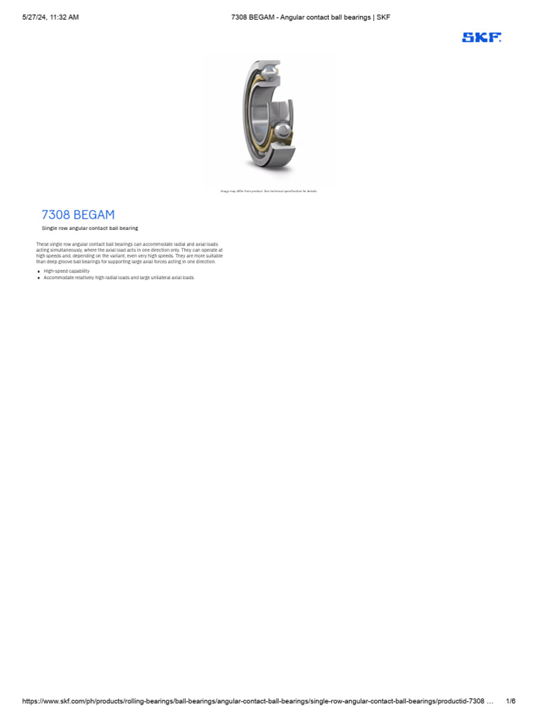 7308 BEGAM - Angular Contact Ball Bearings - SKF | PDF | Bearing ...