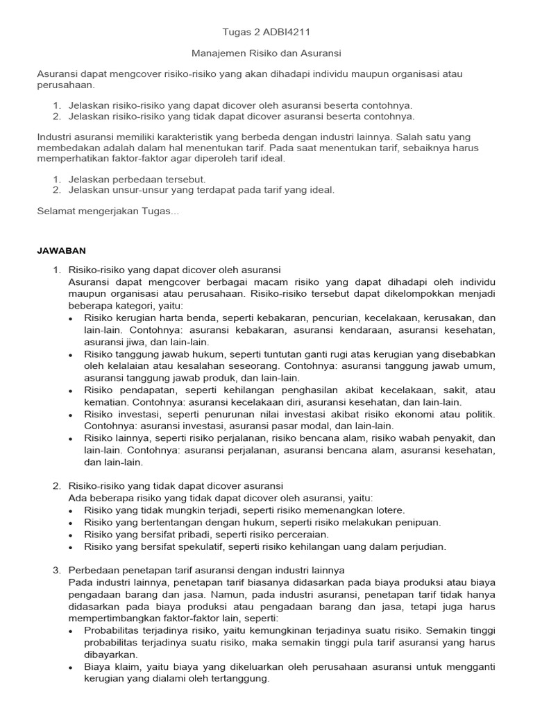 Tugas 2 Manajemen Risiko Dan Asuransi | PDF | Hukum