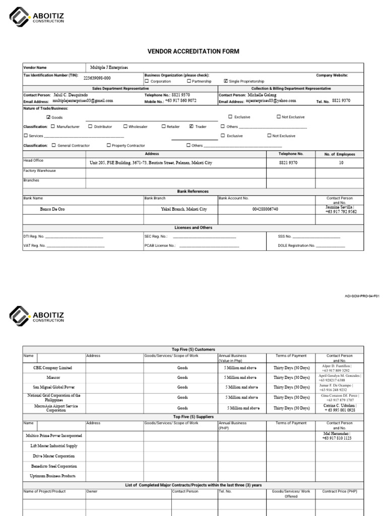 ACI-SCM-PRO-04-F01 v2 - Vendor Accreditation Form | PDF | Employment ...