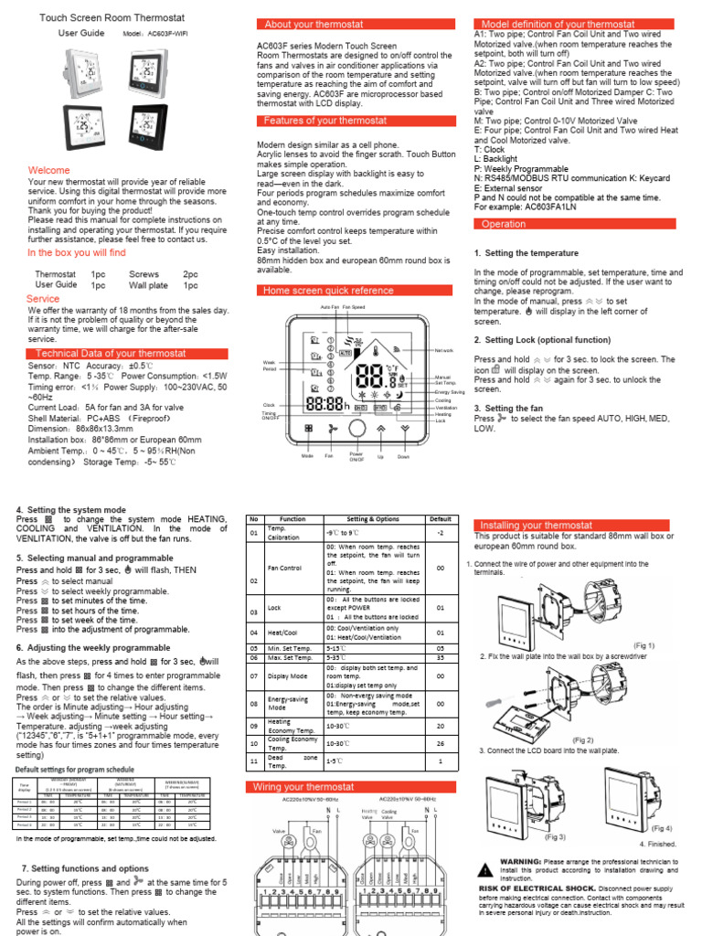 AC603F-WIFI Users Manual | PDF | Thermostat | Temperature
