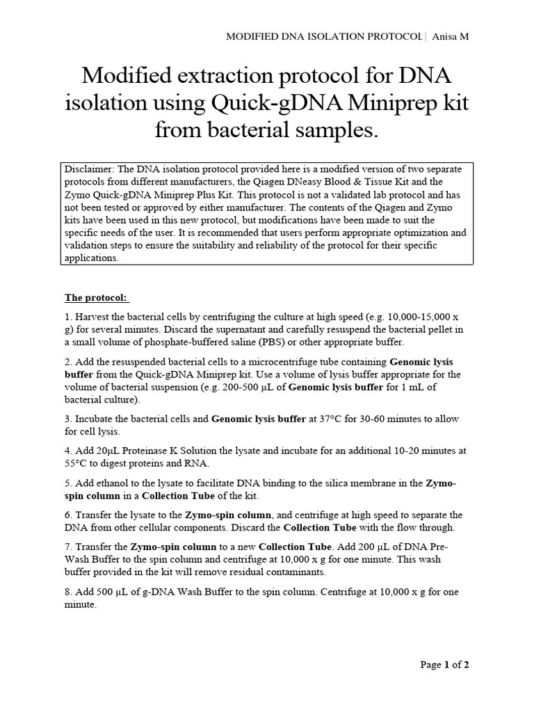 Modified Dna Extraction Protocol Pdf Laboratories Biotechnology