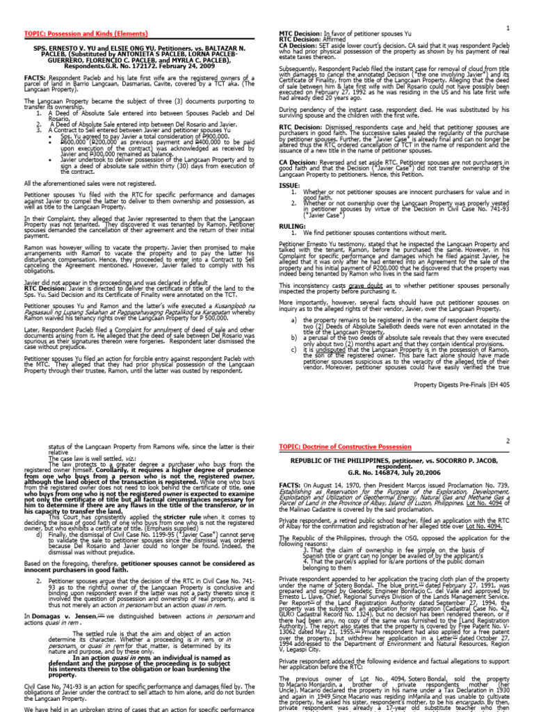 Property Digests Prefinals Yu To Edca | PDF | Adverse Possession | In Rem Jurisdiction