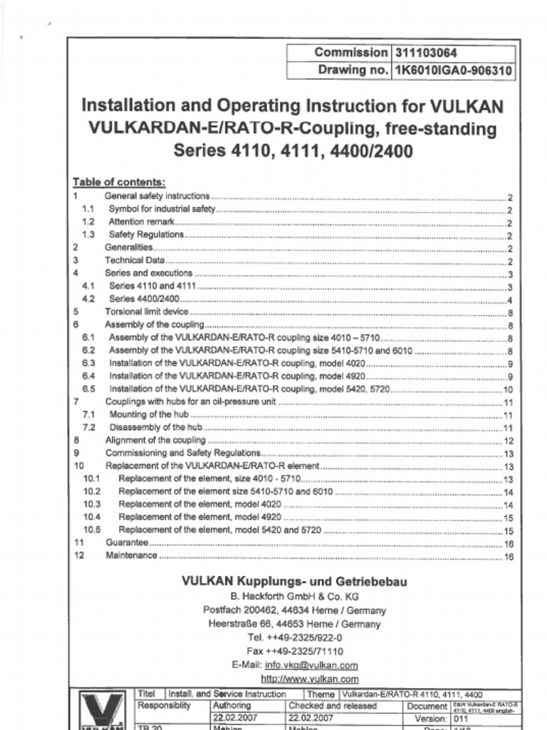 Vulkan VULKARDAN-E RATO-R-Coupling Free-Standing Series 4110 4111 4400 - 2400 Installation and ...