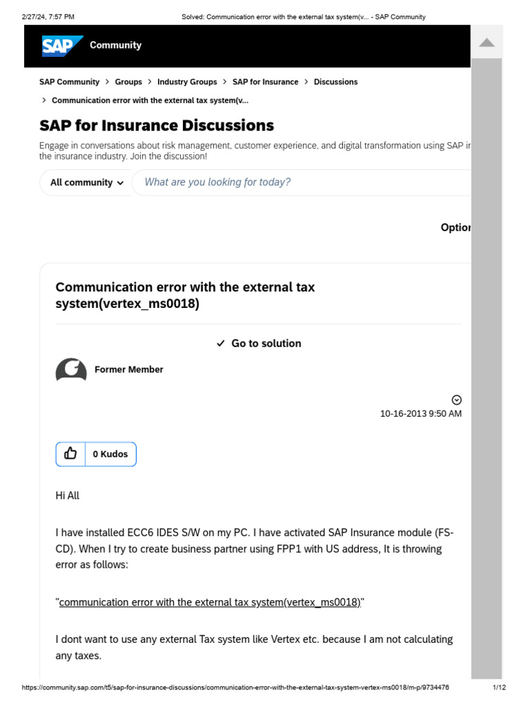 Solved - Communication Error With The External Tax System (V... - SAP Community | PDF | Computing