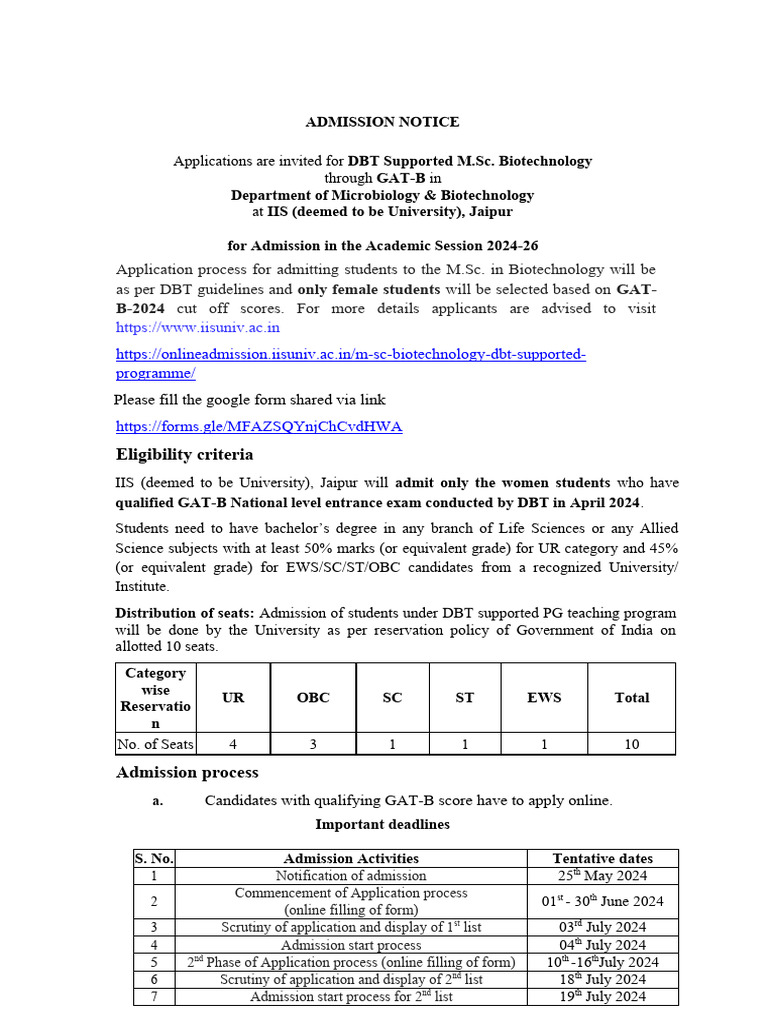 Admission Notice DBT | PDF | Educational Stages