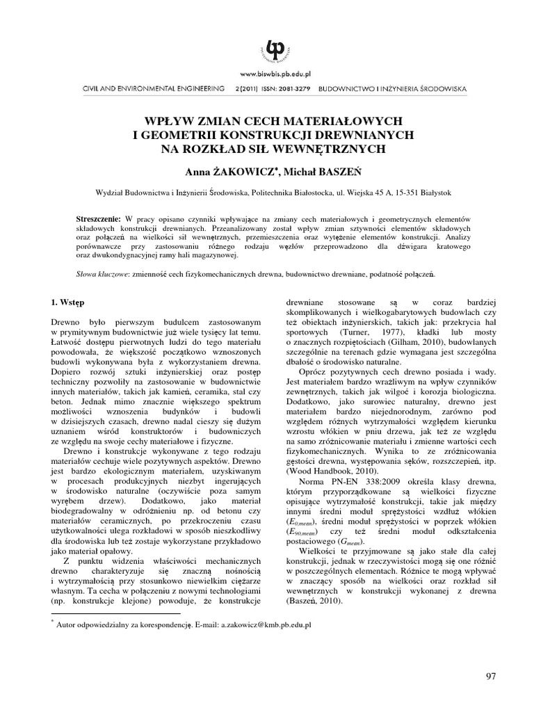 Wpływ Zmain Cech Materiałowych I Geometrii Kontr. Drewnianych Na Rokład ...