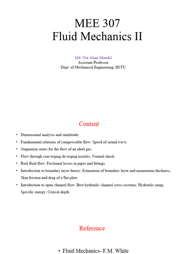 MEE 307 Fluid Mechanics II: Assistant Professor Dept. of Mechanical Engineering, HSTU | PDF ...
