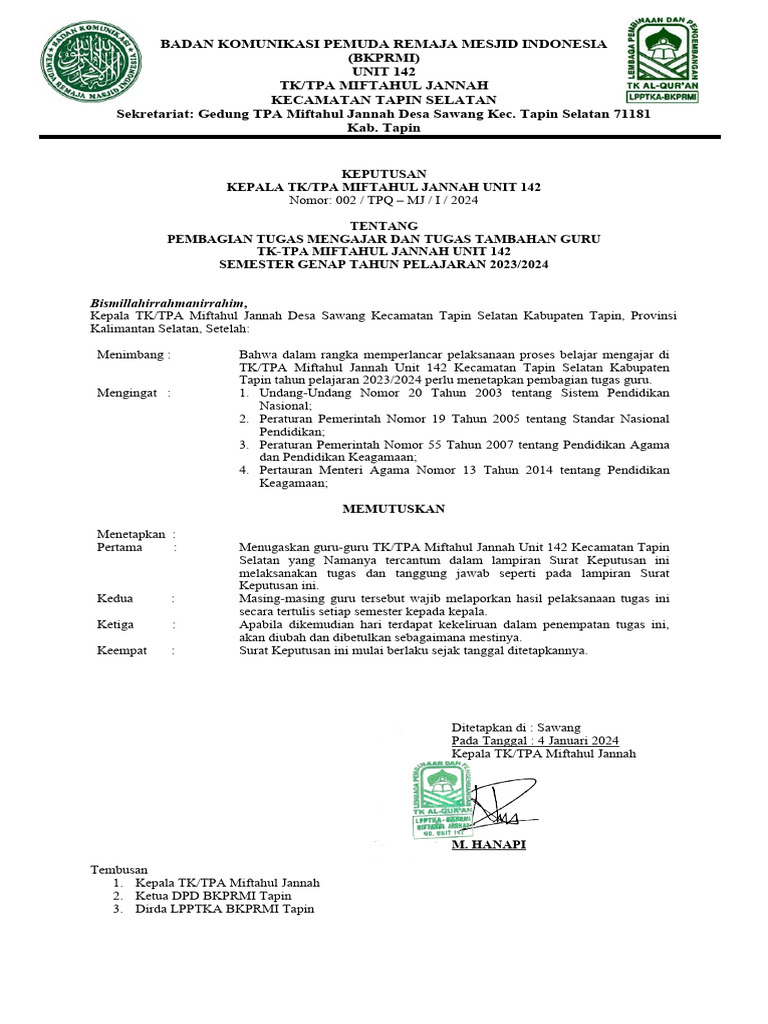 SK PEMBAGIAN TUGAS TPA 2024 | PDF