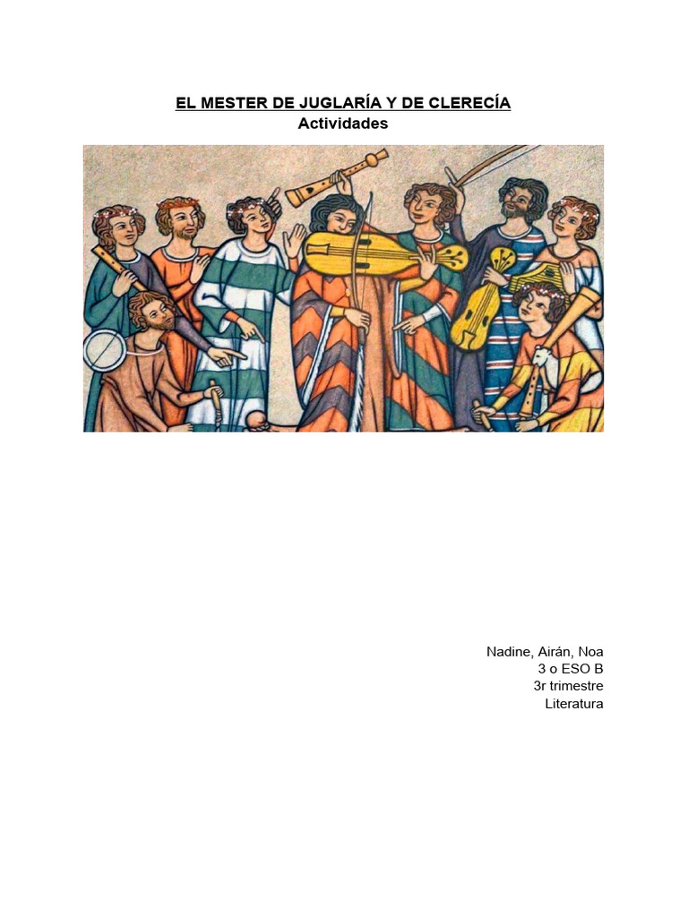 El Mester de Juglaría y de Clerecía. ACTIVIDADES LITERATURA MEDIEVAL ...