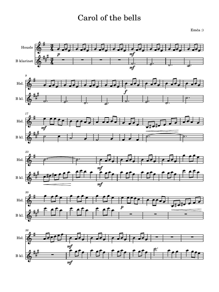 Carol of The Bells - Violin and Clarinet in B Flat Duet | PDF ...