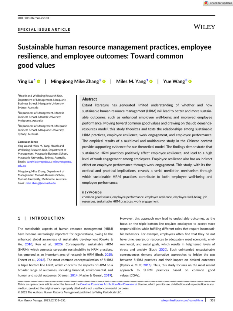 Human Resource Management - 2022 - Lu - Sustainable Human Resource ...
