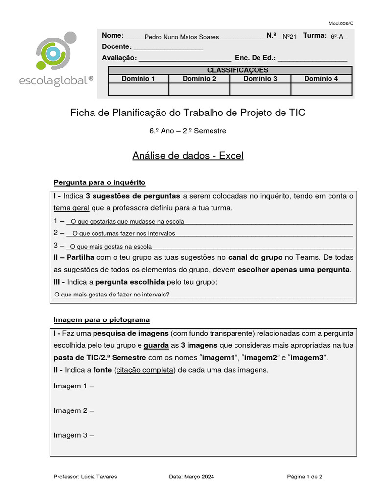 6.º Ano - Ficha de Panificação - TIC - 2S - Excel | PDF