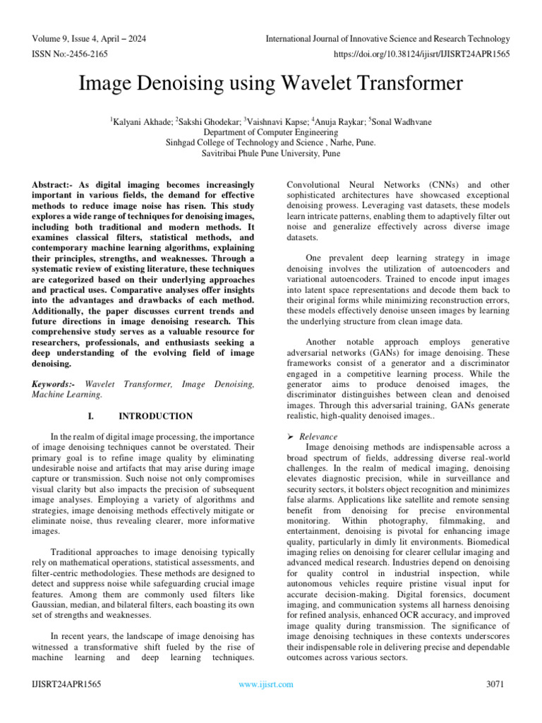Image Denoising using Wavelet Transformer | PDF | Wavelet | Machine Learning
