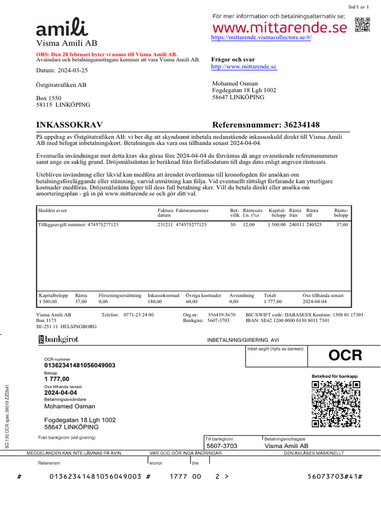 Avsändare Och Betalningsmottagare Kommer Att Vara Visma Amili AB | PDF