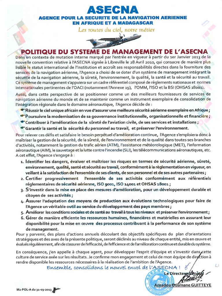 Politique du Système de Management de l'ASECNA signé Sept 2013 | PDF