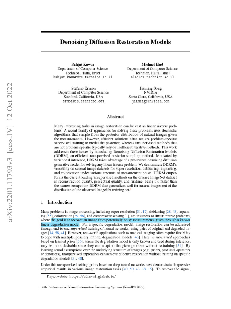 Denoising Diffusion Restoration Models | PDF | Inverse Problem | Applied Mathematics