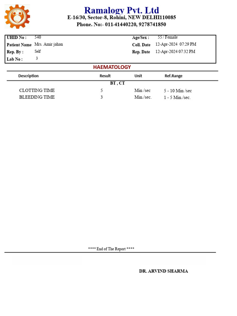 BT and CT Results for Mrs. Amir Jahan | PDF