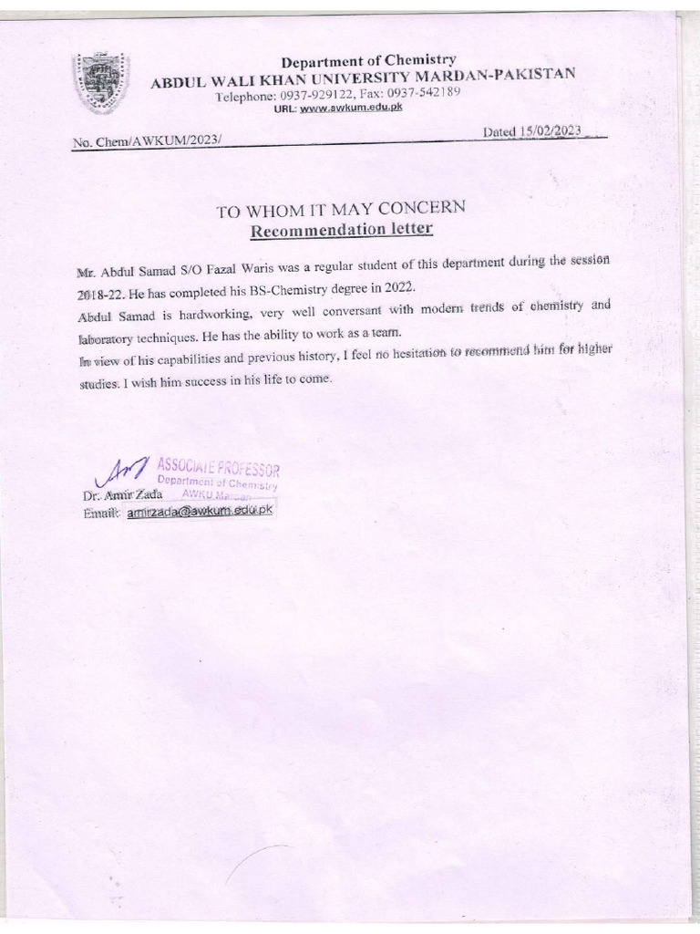 DR Amir Zada Reference Letter | PDF