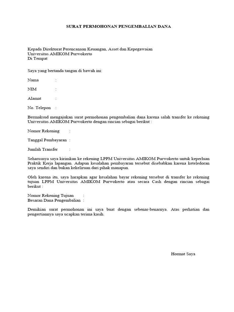 Surat Permohonan Pengembalian Dana | PDF