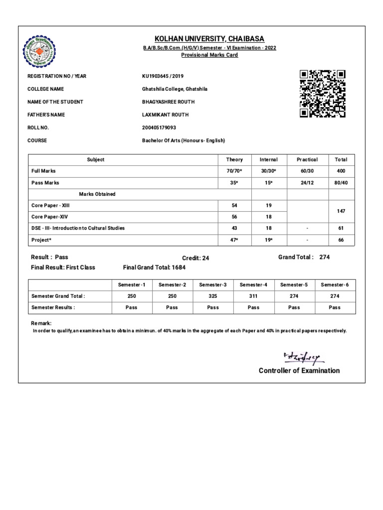 Kolhan University, Chaibasa: Provisional Marks Card | PDF | Vocational ...