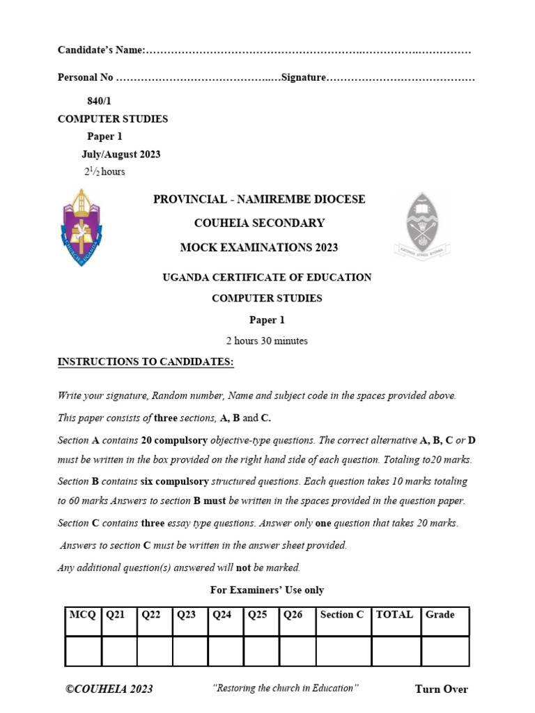 Provincial - Namirembe Diocese Couteia Secondary Mock Examination 2023 Comp | PDF | World Wide ...