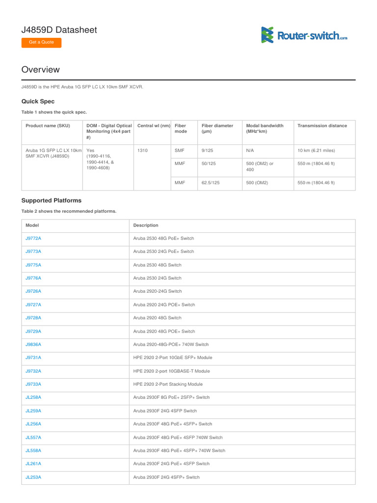 J4859D 1G SFP Transceiver Datasheet | PDF | Data Transmission | Telecommunications Infrastructure