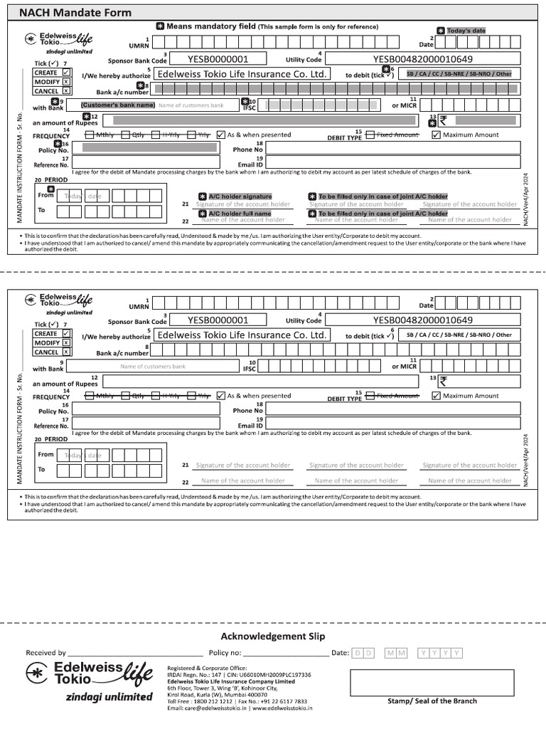 NACH Mandate Form New Latest | PDF