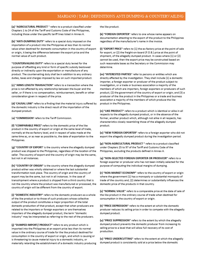 Definition of Terms | PDF | Dumping (Pricing Policy) | Exports