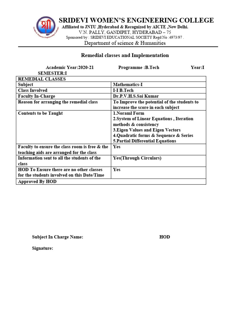 Remedial Classes for B.Tech Students | PDF