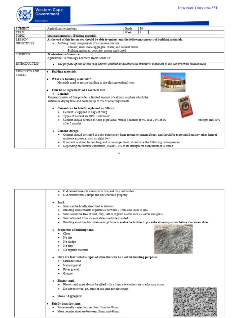 Agricultural Technology Grade 10 Term 1 Week 8 | PDF | Concrete | Cement