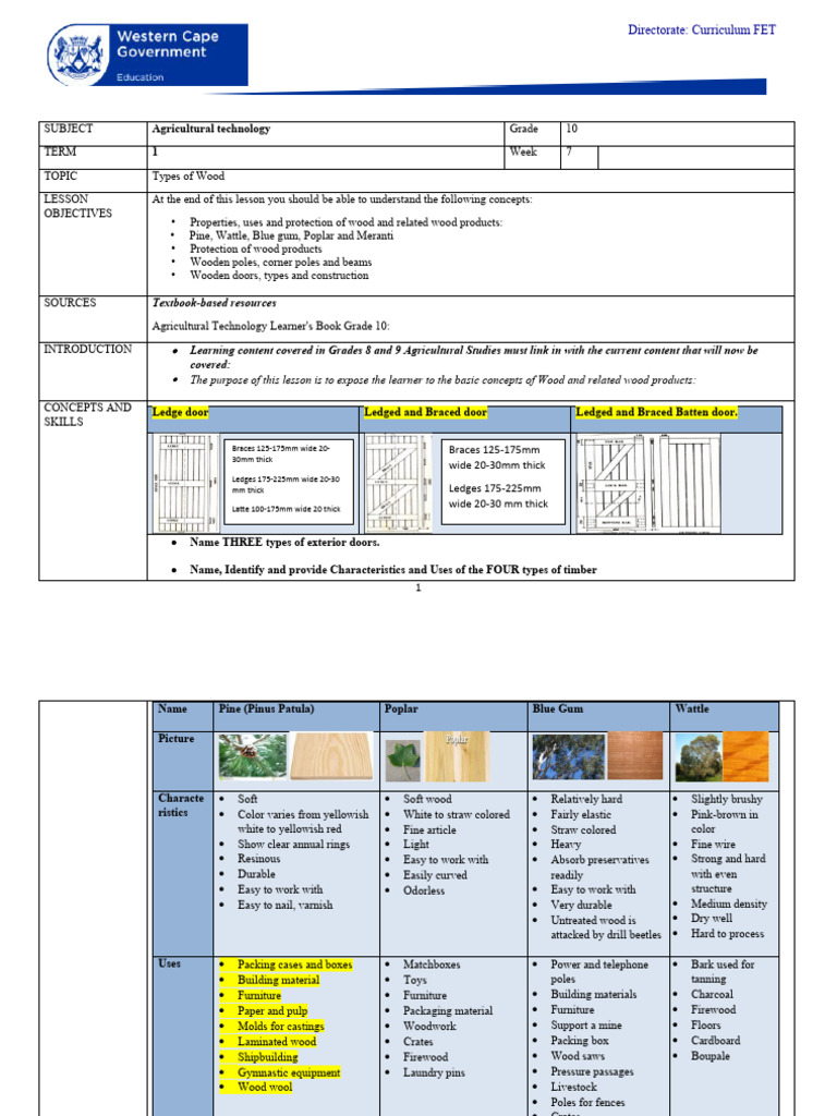 Agricultural Technology Grade 10 Term 1 Week 7 | PDF | Wood | Woodworking
