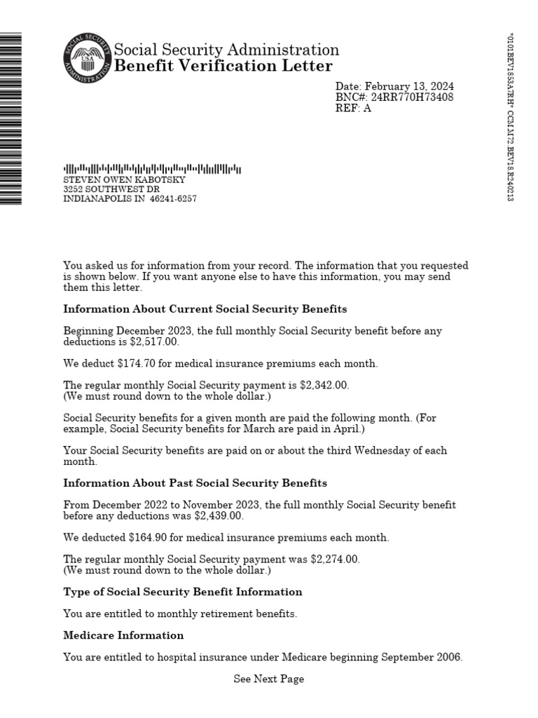 Benefit Verification Letter | Download Free PDF | Social Security ...