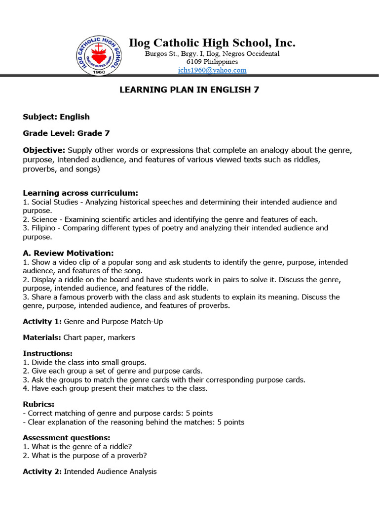 Learning Plan in English 7 | PDF | Genre | Proverb