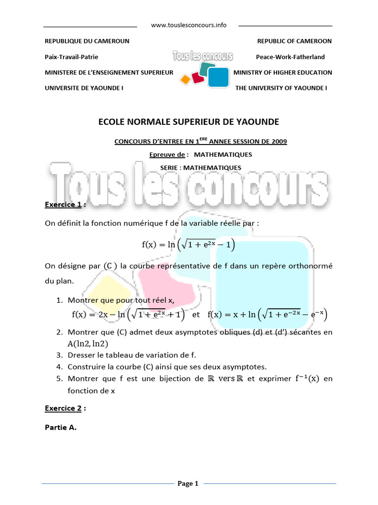 Concours Maths 2009 - Université Yaoundé I | PDF | Intégral | Analyse ...