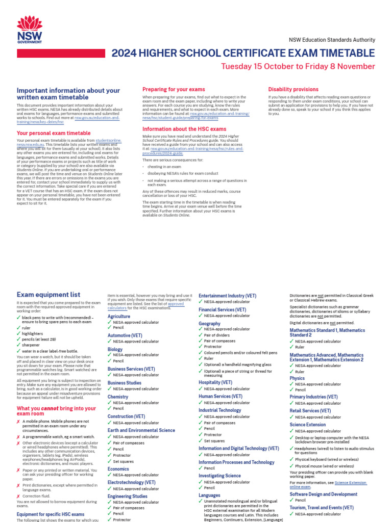 2024 HSC Written Exam Timetable | PDF