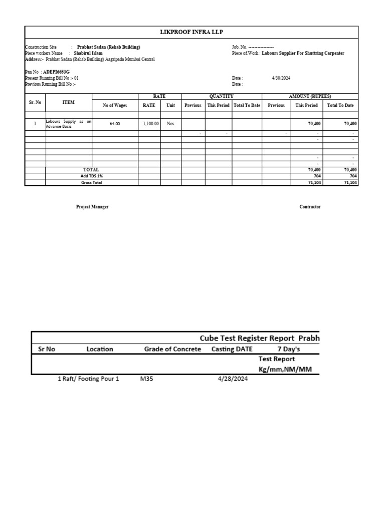 Prabhat Sadan Site Fitter Bill | PDF | Structural Engineering | Economies