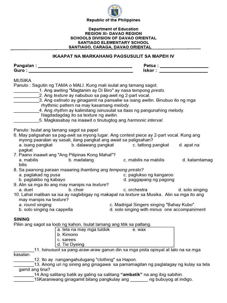 PT - Mapeh 4 - Q4 V2 | PDF